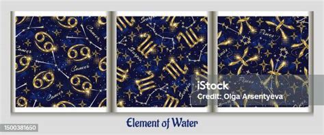 조디악 표지판 게자리 전갈자리 물고기자리 별이 있는 별자리 텍스트 제3의 눈 모두 보는 눈의 황금 아이콘이 있는 매끄러운 패턴 밀교 개념입니다 인쇄물 의류 티셔츠 표면