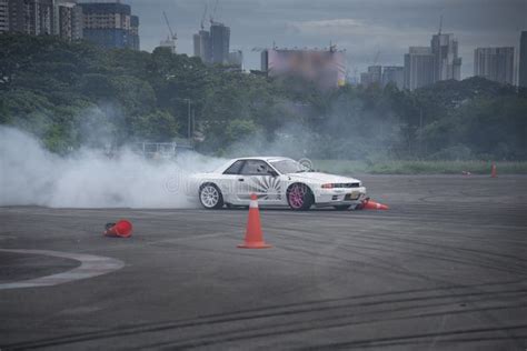 Distance Scene Of Amateur Driver Practicing Car Drifting Stock Image
