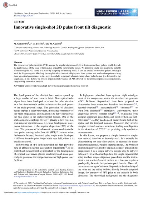 Pdf Innovative Single Shot 2d Pulse Front Tilt Diagnostic