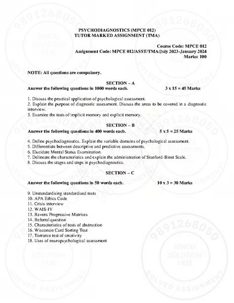 MPCE 12 2023 24 0c4zqt MPCE 1w 2023 24 Assignment PSYCHODIAGNOSTICS MPCE 012 TUTOR MARKED