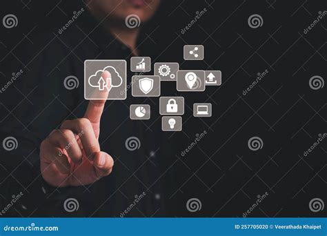 Hand Touching Infographic Cloud Computing And Technology Icons Stock