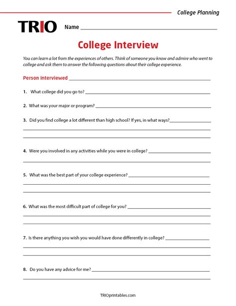 College Interview Activity Sheet – TRIO Printables