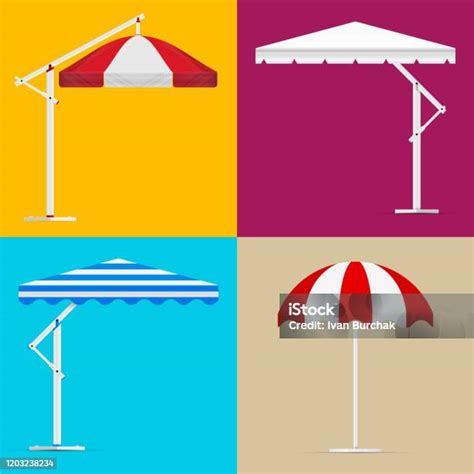 비치 우산 세트입니다 줄무늬와 흰색 빈 차양 파라솔 컬렉션 가든 우산 차양 벡터 세트 앞마당 또는 뒷마당에 대한 스톡 벡터 아트 및 기타 이미지 앞마당 또는 뒷마당