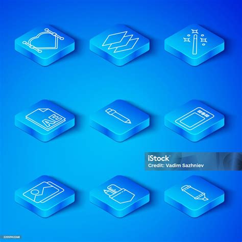 선 설정 그림 풍경 지우개가 있는 연필 교차 눈금자 연필 그래픽 태블릿 마술 지팡이 Ae 파일 문서 하트 베지어 곡선 및 마커 아이콘 벡터 3차원 형태에 대한 스톡 벡터