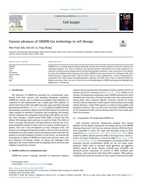 PDF Current Advances Of CRISPR Cas Technology In Cell Therapy
