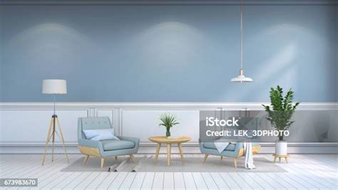 흰색 바닥에 밝은 파란색 벽 Minamalist 인테리어 룸 현대 가구 밝은 파란색 안락의 자와 나무 테이블 3d 렌더링 0명에 대한 스톡 벡터 아트 및 기타 이미지