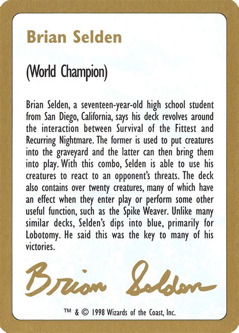 Brian Selden Bio — World Championship Decks 1998 Price And Value Magic