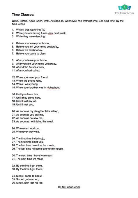 Time Clause Free English Handouts
