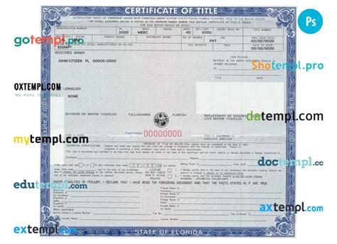 Florida Certificate Of Title Of A Vehicle Car Title Template In Psd Format Fully Editable