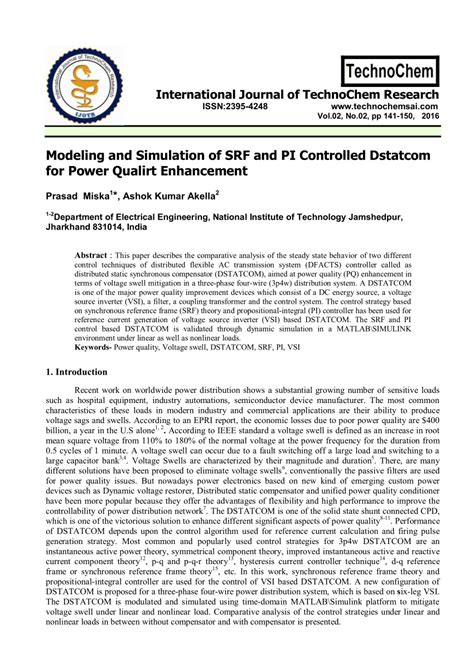 pdf modeling and simulation of srf and pi controlled dstatcom for
