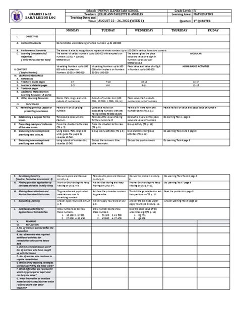 Dll Math 4 Q1 W1 Pdf Learning Teachers