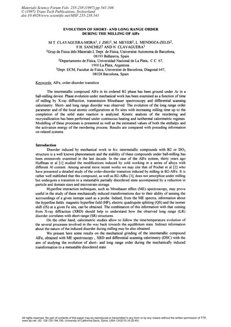 Pdf Evolution Of Short And Long Range Order During The Milling Of Alfe