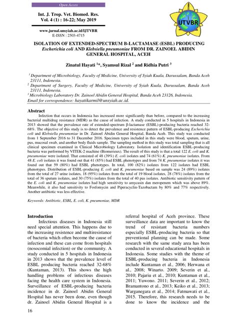 Pdf Isolation Of Extended Spectrum B Lactamase Esbl Producing Escherichia Coli And