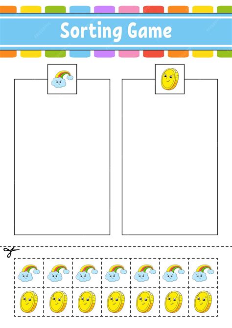 아이들을 위한 정렬 게임 자르고 붙이기 교육 개발 워크시트 아이들을 위한 매칭 게임 컬러 활동 페이지 아이들을 위한 퍼즐 귀여운 캐릭터 프리미엄 벡터