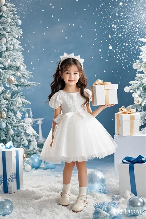 白色公主裙外国小女孩全身照 看到脚的拿着礼盒 室内简约冰雪背景 1 花瓣网