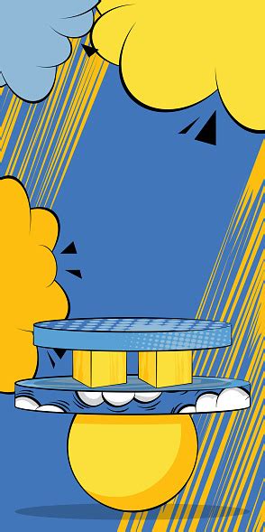 만화책 노란색과 파란색 제품 연단 배너입니다 프레젠테이션을 위한 팝 아트 스테이지 만화 비즈니스 광고 배경 레트로 플랫폼 마케팅 디스플레이 배경 노랑에 대한 스톡 벡터 아트