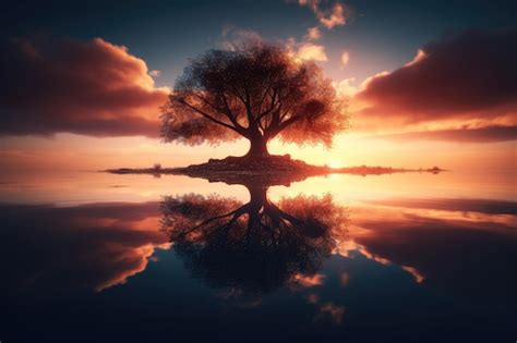 Premium AI Image A Tree On An Island With The Sun Setting Behind It