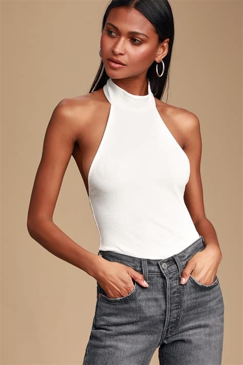 Donnelly White Ribbed Mock Neck Halter Top Halter Neck Top Outfit