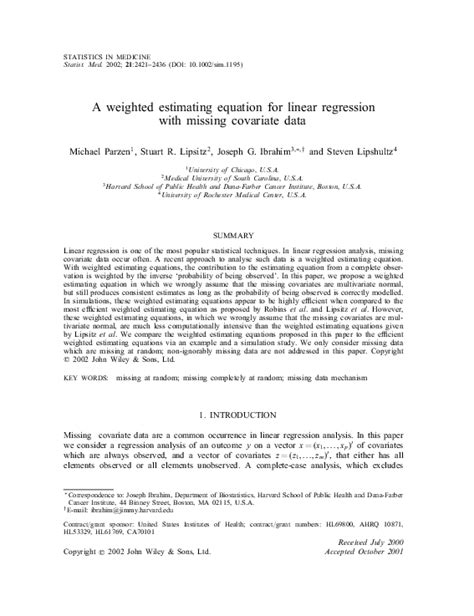 Pdf A Weighted Estimating Equation For Linear Regression With Missing Covariate Data