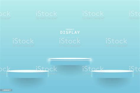 파란색 사실적인 3d 실린더 연단이 떠 있거나 벽에 매달려 있는 파란색 최소 벽 장면 제품 디스플레이 프리젠테이션 또는 모형을