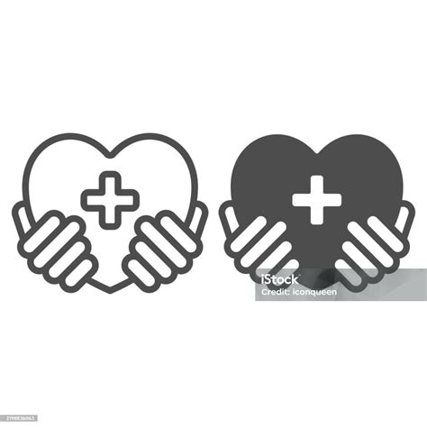 의료 십자가 선과 단단한 아이콘 인간 구조 개념으로 마음을 잡고 있는 손 벡터 그래픽 흰색 배경에 더하기 기호가 있는 하트 모바일 또는 웹 디자인용 윤곽선 스타일