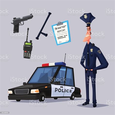 경찰관 캐릭터와 경찰 차입니다 만화 벡터 일러스트 레이 션 가로등에 대한 스톡 벡터 아트 및 기타 이미지 가로등 감시