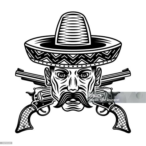 솜브레로 모자를 쓰고 수염을 기고 한 멕시코 남자 머리와 흰색 배경에 고립 된 흑백 스타일로 총 벡터 일러스트레이션을 교차 T 셔츠에 대한 스톡 벡터 아트 및 기타 이미지
