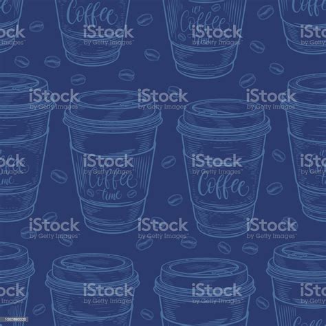 손으로 그린 커피 컵 완벽 한 패턴 빈티지 레트로 색상에 화려한 배경입니다 장식 낙서 벡터 일러스트 레이 션 0명에 대한 스톡