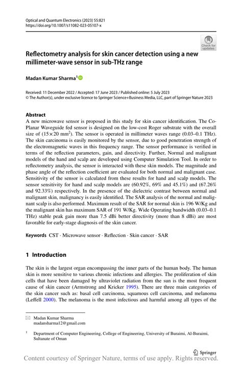 Reflectometry Analysis For Skin Cancer Detection Using A New Millimeter Wave Sensor In Sub THz Range