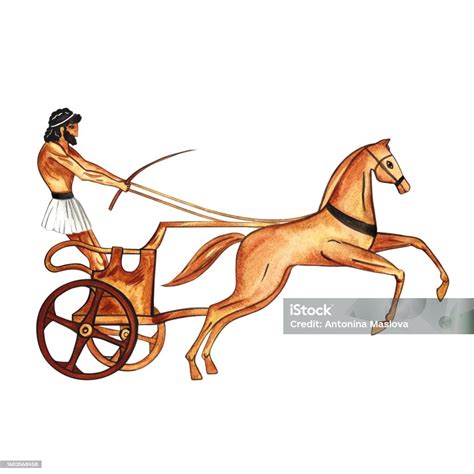 말을 탄 고대 그리스 전차 라이더 그리스 회화 손으로 그린 수채화 흰색 배경에 격리합니다 배너 인쇄물 및 직물용 포장용 라벨 및 엽서용 Championship에 대한 스톡
