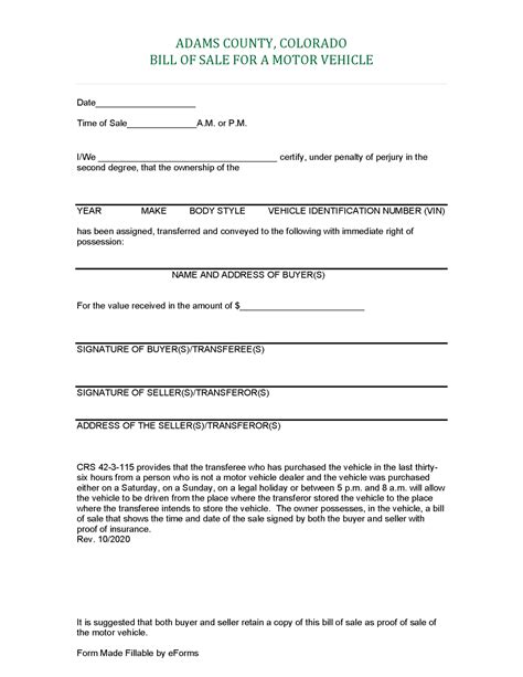 Free Colorado Motor Vehicle Bill Of Sale Forms Pdf Eforms