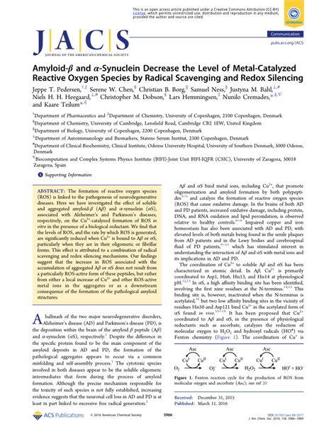 Pdf Amyloid β And α Synuclein Decrease The Level Of Metal Catalyzed Reactive Oxygen Species By