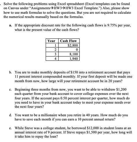solved solve the following problems using excel spreadsheet