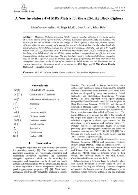 pdf a new involutory 4×4 mds matrix for the aes like block ciphers