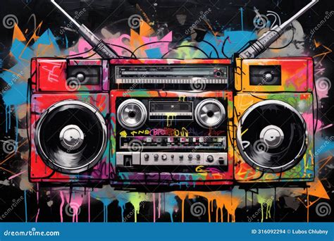 Colorful Graffiti Boombox Mural On Wall Stock Illustration