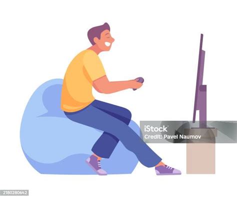 남자 캐릭터 앉아서 놀이 비디오 게임 와 게임패드 벡터 일러스트 레이 션 Brand Name Video Game에 대한 스톡 벡터 아트 및 기타 이미지 Brand