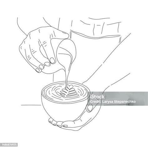 커피에 우유를 붓는 라떼 아트 바리스타 만들기 스케치 스타일의 벡터 그림입니다 라떼아트에 대한 스톡 벡터 아트 및 기타 이미지