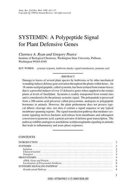 Pdf Systemin A Polypeptide Signal For Plant Defensive Genes Annu Rev Cell Dev Biol