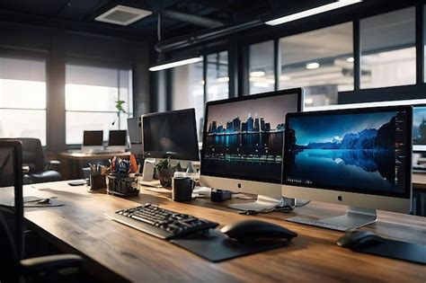 Premium Photo Trendy Office Layout Featuring Modern Desktop Computer