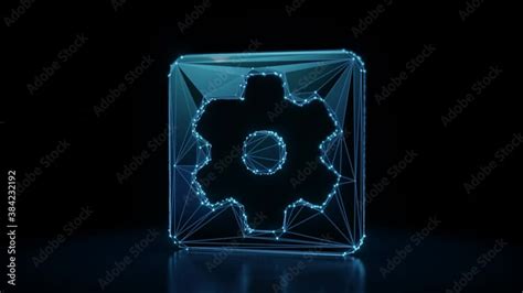 3d Rendering 4k Fly Through Wireframe Neon Glowing Symbol Of One Cogwheel In Square With Rounded