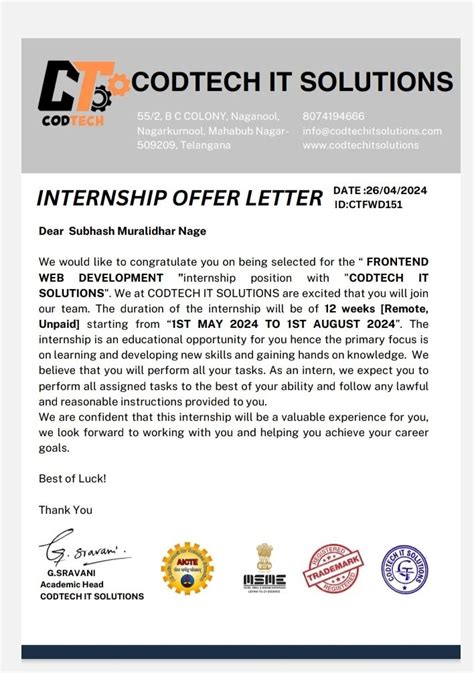 Subhash Nage On Linkedin Offer Letter For Codtech It Solution