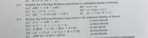 solved 2 3 2 4 simplify the following boolean expressions to