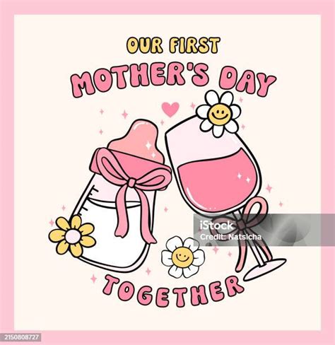 레트로 그루비 우리의 첫 번째 어머니의 날 낙서 그리기 인사말 카드와 스티커 Tshirt 승화에 대 한 생생한 파스텔 색상 T 셔츠에 대한 스톡 벡터 아트 및 기타 이미지