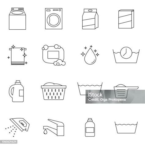 세탁의 간단한 세트 관련 벡터 라인 아이콘 측정 컵 Ironer 전면 및 상단 부하 등으로 같은 아이콘을 포함 되어 있습니다 간단한 그림입니다 가사 집안일에 대한 스톡 벡터