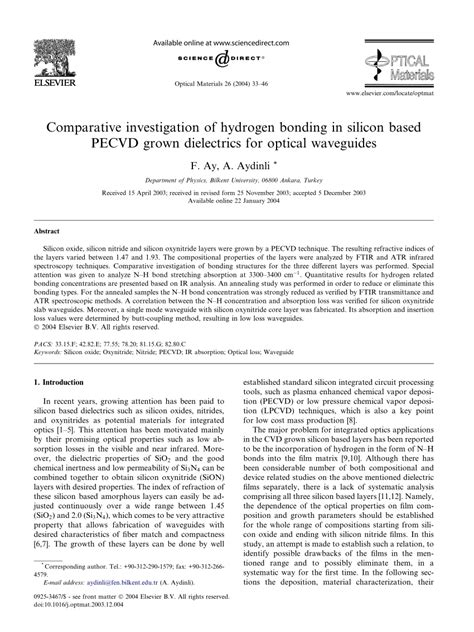 Pdf Comparative Investigation Of Hydrogen Bonding In Silicon Based Pecvd Grown Dielectrics For