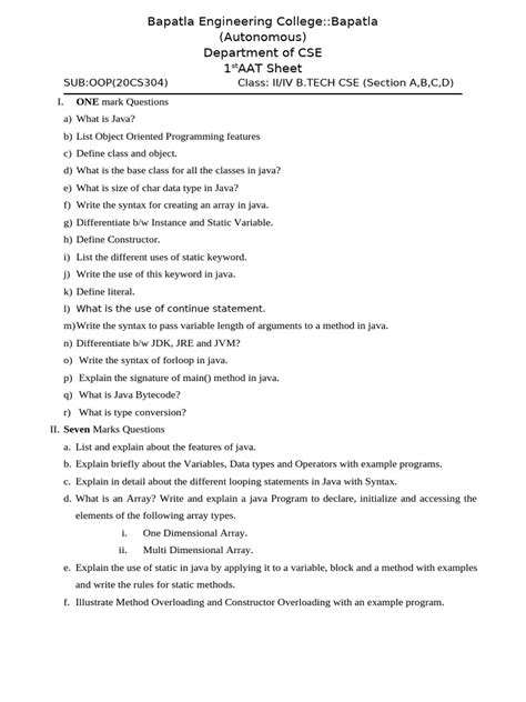Oop Java Questions For Btech Cse Pdf