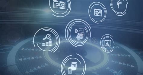 Animation Of Multiple Digital Icons Over Round Scanner And Light Spot Against Blue Background