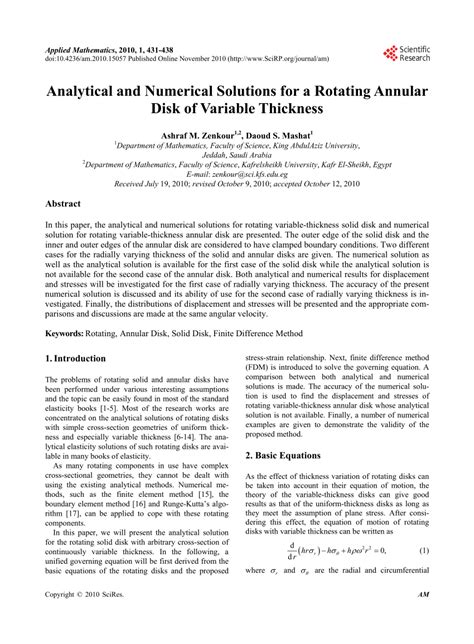 pdf analytical and numerical solutions for a rotating annular disk of