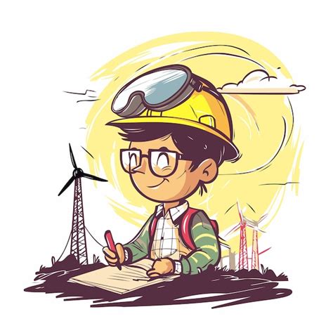 Premium Vector Engineer Boy In Yellow Helmet Drawing In Sketchbook