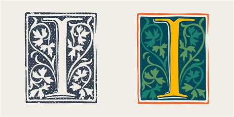 나는 중세 고딕 양식의 로고를 씁니다 희미한 색상과 흑백 그런 지 스타일 엠블럼 세트 알파벳 I에 대한 스톡 벡터 아트 및 기타 이미지 알파벳 I 모노그램 알파벳